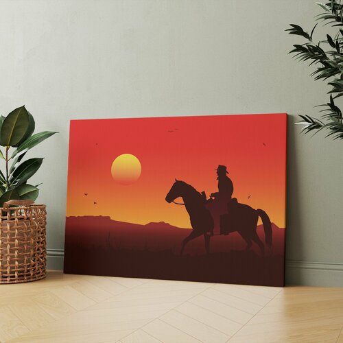 Картина на холсте "Силуэт человека верхом на лошади" 20x30 см. Интерьерная, на стену.