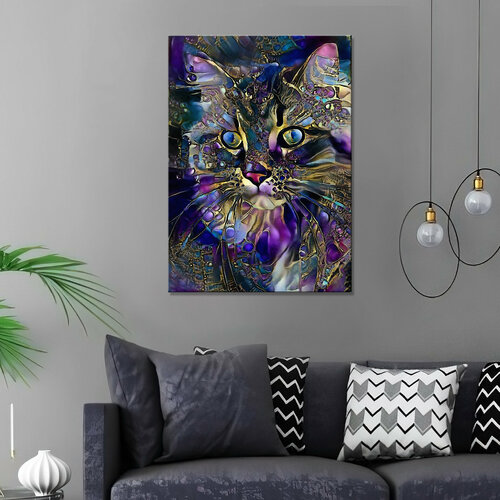 Картина интерьерная-Кошка фиолетовая синяя мозаика 30х40