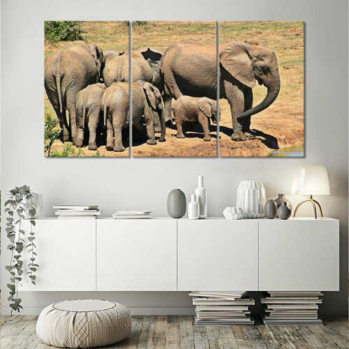 Модульная картина/Модульная картина на холсте/Модульная картина в подарок/семейство слонов - the elephant family 90х50