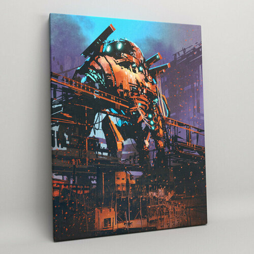 Картина на холсте (интерьерный постер) "Большой робот на ремонте", с деревянным подрамником, размер 22x30 см
