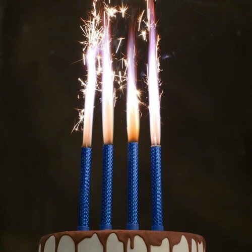 SUI Свечи фонтаны для торта "Голубые искры", 12 см, 30 секунд, голубое пламя, 4 шт