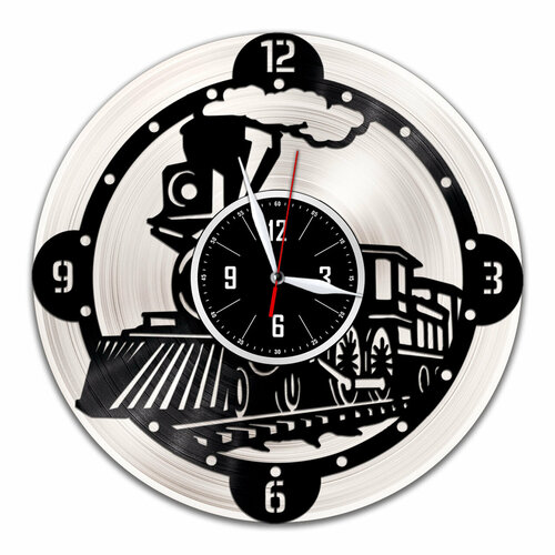 Поезд - настенные часы из виниловой пластинки (с серебряной подложкой)