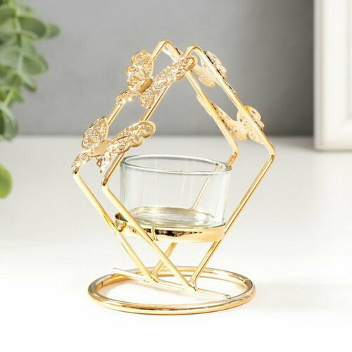 Подсвечник металл, стекло на 1 свечу "Ромб с бабочками" d-4 см золото 7.5х11х11.5 см