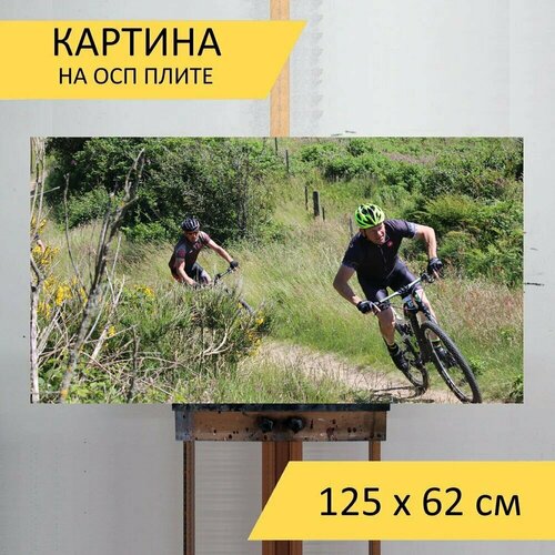 Картина на ОСП 125х62 см. "Мтб, горный велосипед, спорт" горизонтальная, для интерьера, с креплениями