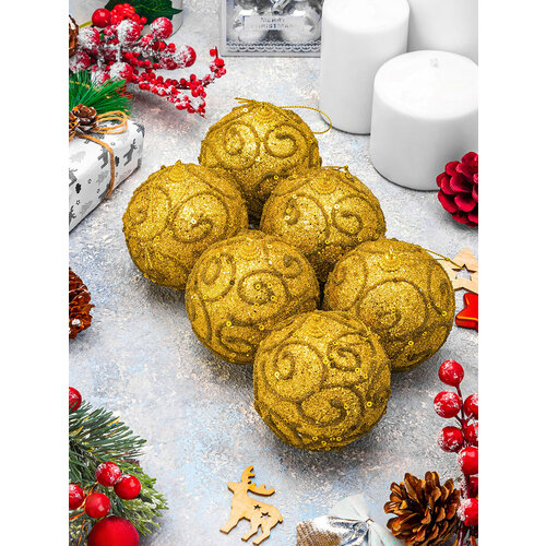 Набор 6 новогодних шаров 8х8 см Elan Gallery Вензеля, золото