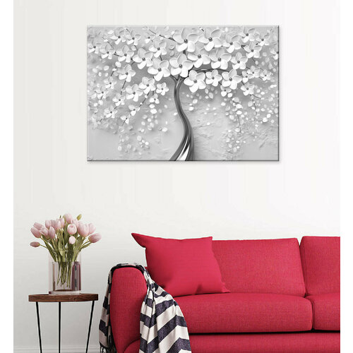 Интерьерная картина на холсте на стену Дерево счастья с белыми цветами серебро 50х70