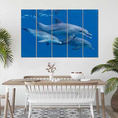 Модульная картина/Модульная картина на холсте/Модульная картина в подарок/три дельфина по водой-three dolphins on the water 125х80
