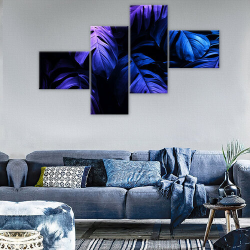 Модульная картина на холсте/ blue monstera palMleaves- синие пальмовые листья монстера 140х85