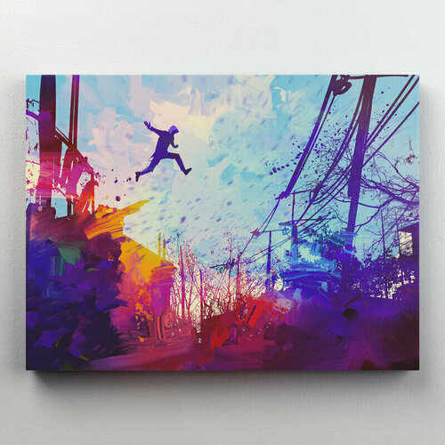 Интерьерная картина на холсте "Парень спортсмен прыгает по крышам цветных домов" размер 40x30 см