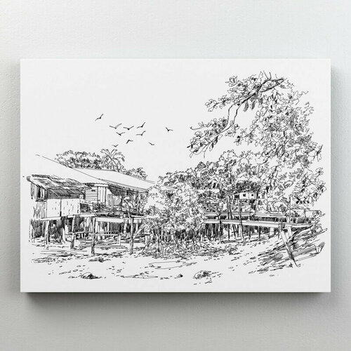 Интерьерная картина на холсте "Скетч - прибрежные домики на Бали" размер 40x30 см