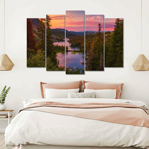 Модульная картина/Модульная картина на холсте/Модульная картина в подарок/розовые облака и лес-pink clouds and forest 125х85