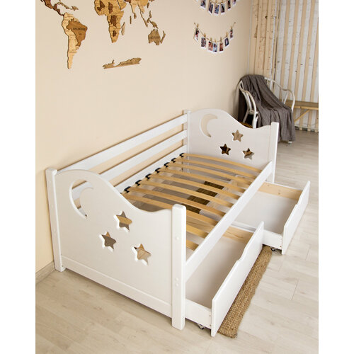 Кровать детская Луна (с ящиками, с бортиком, для детской, деревянная, белая), 160х80