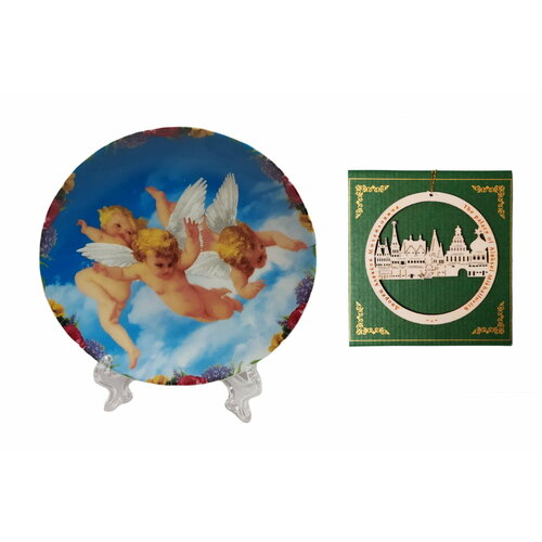 Тарелка декоративная "Ангелы" с подставкой d 10см + сувенирное украшение ELG