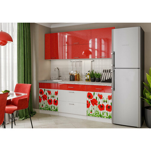 Кухонный гарнитур Миф Маки красные 1.8 м белый глянец / красный металлик 180хх см