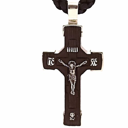 Крестик Tutushkin jeweler Православный крест из черного дерева с серебром 925 пробы, серебро, 925 проба, гравировка, оксидирование, размер 5.5 см.