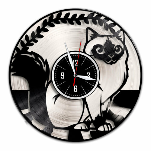 Кошка - настенные часы из виниловой пластинки (с серебряной подложкой)