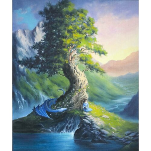 Картина маслом ручной работы "Сказки для дракона", холст 40х50 см, для интерьера, в стиле фэнтези