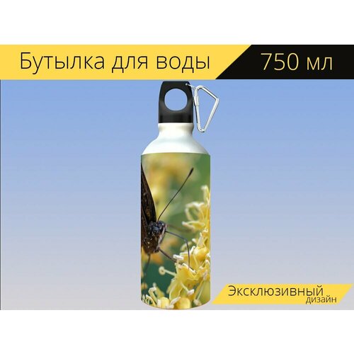 Бутылка фляга для воды "Бабочка, цветок, нектар" 750 мл. с карабином и принтом