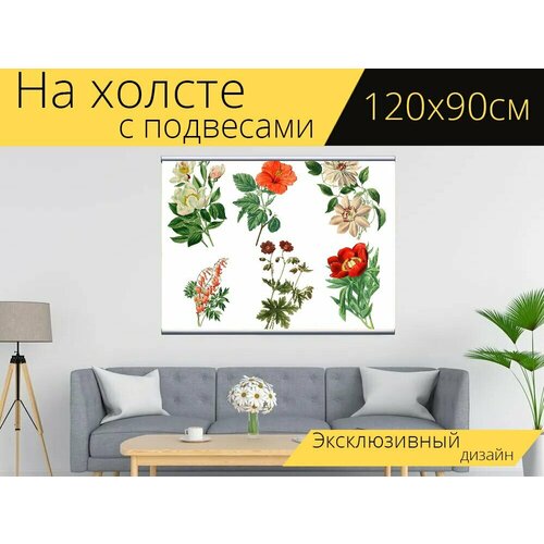 Картина на холсте "Цветы, садовые растения, винтаж" с подвесами 120х90 см. для интерьера