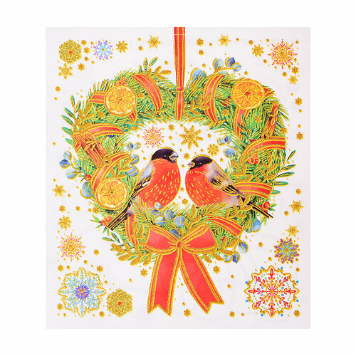 Новогоднее оконное украшение из ПВХ пленки "Венок с птичками" декорировано глиттером