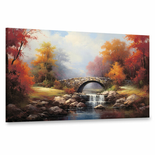 Интерьерная картина 100х60 "Пейзаж с каменным мостом и осенними деревьями"