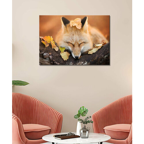 Картина - Лиса, лис, лисы, лисичка, лисенок, лисица, рыжая лиса, лиса в лесу (60) 50х70