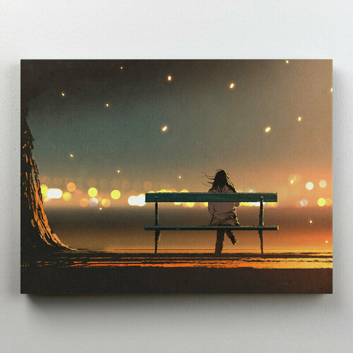 Интерьерная картина на холсте "Одинокая девушка на лавочке" размер 30x22 см