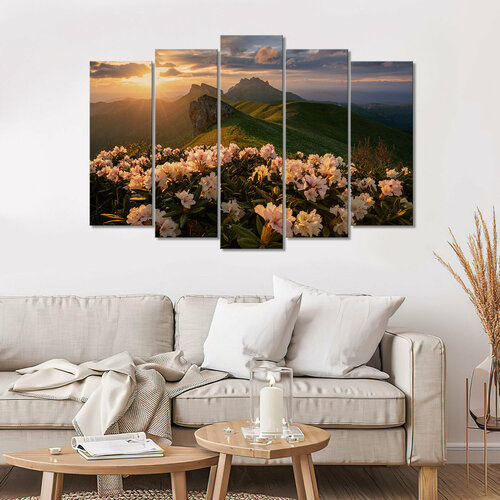 Модульная картина/Модульная картина на холсте/Модульная картина в подарок/ Пейзаж: Горы и цветы - Landscape: Mountains and flowers 150х100