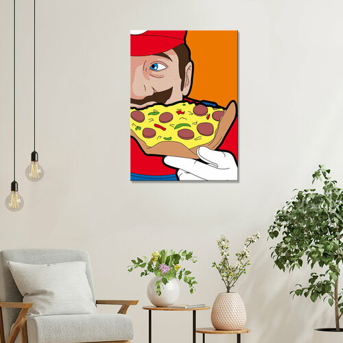 Интерьерная картина на холсте - Марио ест пиццу поп-арт 50х70