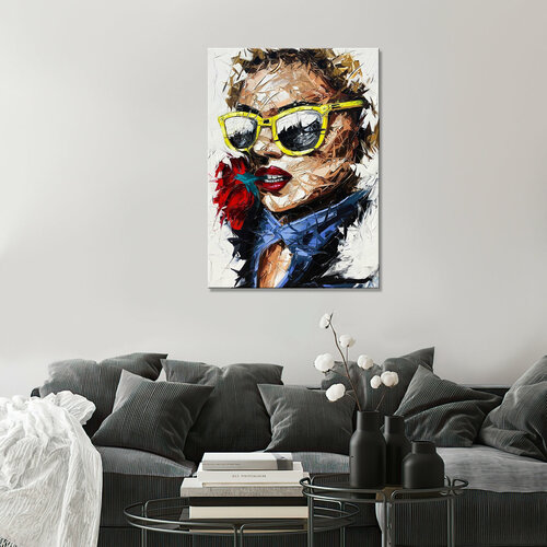 Интерьерная картина на холсте - Девушка в жёлтых очках с алыми губами арт 50х70