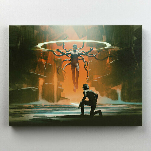 Интерьерная картина на холсте "Человек со светящимся мечом" размер 30x22 см