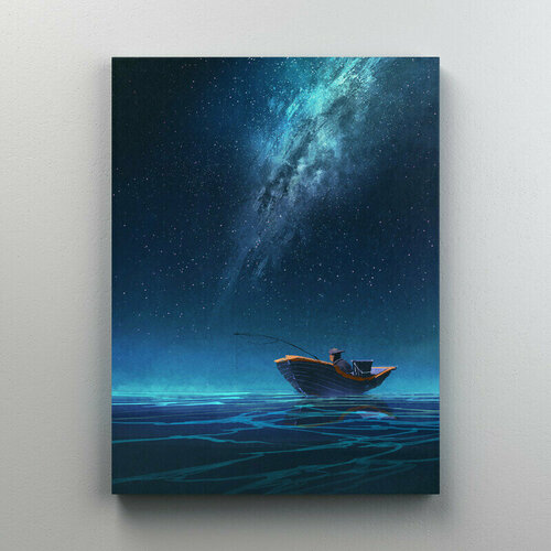 Интерьерная картина на холсте "Рыбак на лодке под звездном небе" размер 45x60 см