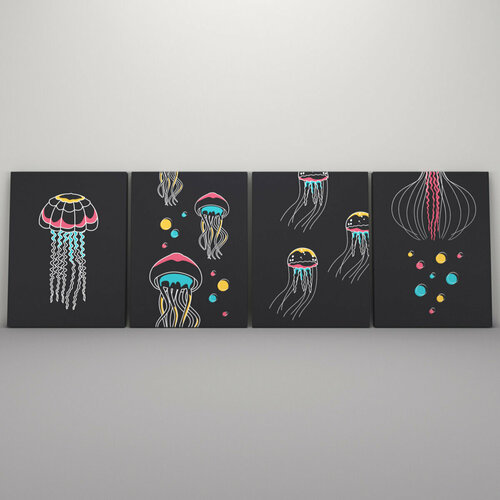 Набор картин на холсте (коллекция интерьерных постеров) квадриптих "Неоновые медузы" минимализм, с деревянным подрамником, размер 30х40 см, 4 шт.
