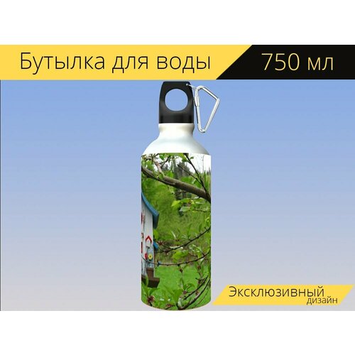 Бутылка фляга для воды "Птичий домик, сад, скворечник" 750 мл. с карабином и принтом
