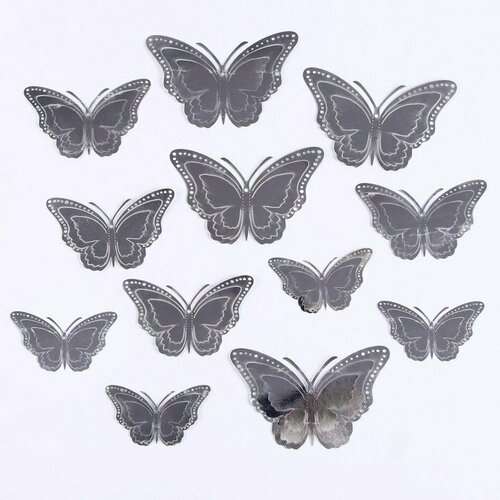 Набор для украшения «Бабочки», 12 штук, цвет серебро (комплект из 16 шт)