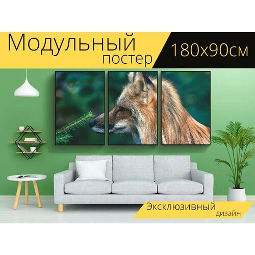 Модульный постер "Лиса, дикая природа, дикое животное" 180 x 90 см. для интерьера