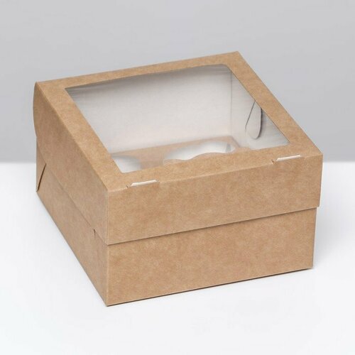 Коробка под 4 маффина с окном, крафт, 16 х 16 х 10 см (комплект из 25 шт)