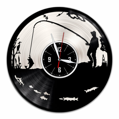Рыбалка - настенные часы из виниловой пластинки (с серебряной подложкой)