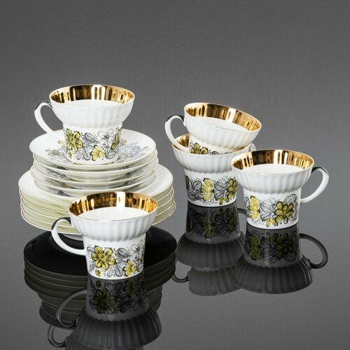 Набор чайных трио "Жёлтые цветы" (форма "Волна") на пять персон, фарфор, деколь