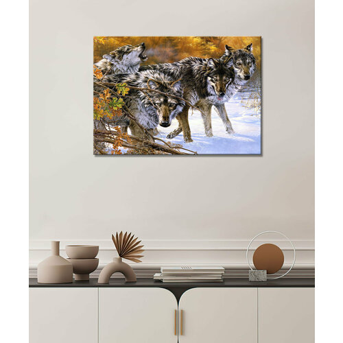 Картина - стая волков, волк в лесу, серые волки, волки в лесу, волк зима 20х30