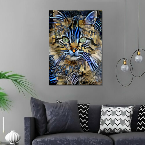Картина интерьерная-Мордочка кошки синяя мозаика 50х70