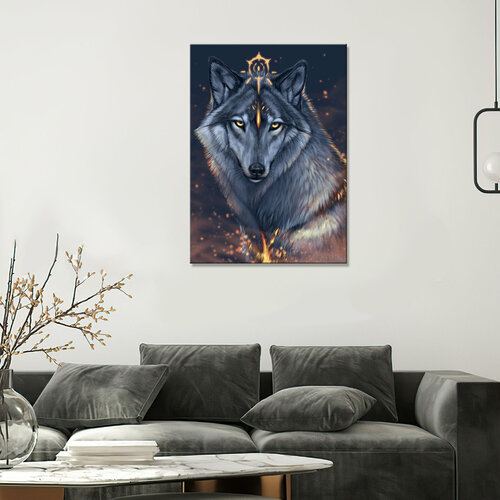Интерьерная картина на холсте - Серый пылающий волк 20х30