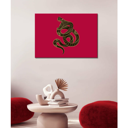 Картина - змея, арт, минимализм, на красном фоне, кобра (128) 20х30