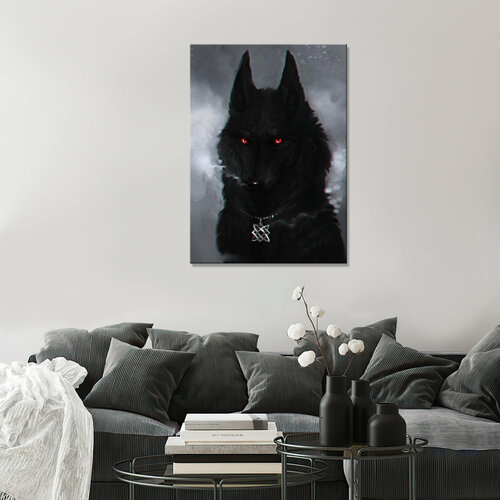 Интерьерная картина на холсте - Чёрный волк с красными глазами и амулетом 40х60