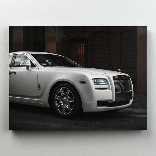 Интерьерная картина на холсте "Белый Rolls Royce возле коричневого здания - Бизнес автомобиль" размер 60x45 см