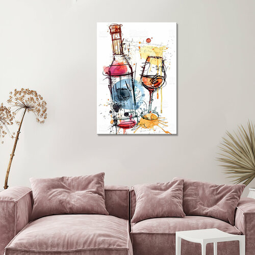 Интерьерная картина на холсте - Бутылка и бокал акварель арт 20х30