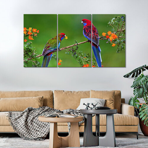 Модульная картина/Модульная картина на холсте/Модульная картина в подарок/Цветные неразлучники - Colored lovebirds 90х50