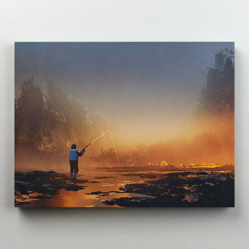 Интерьерная картина на холсте "Мужчина рыбачит на туманной реке" размер 60x45 см
