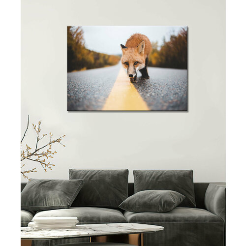 Картина - Лиса, лис, лисы, лисичка, лисенок, лисица, рыжая лиса, лиса на дороге (29) 50х70