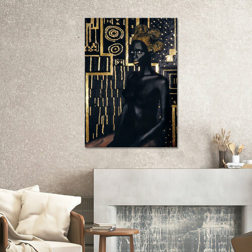Картина интерьерная-Африканка в чёрной краске с золотыми узорами 40х55